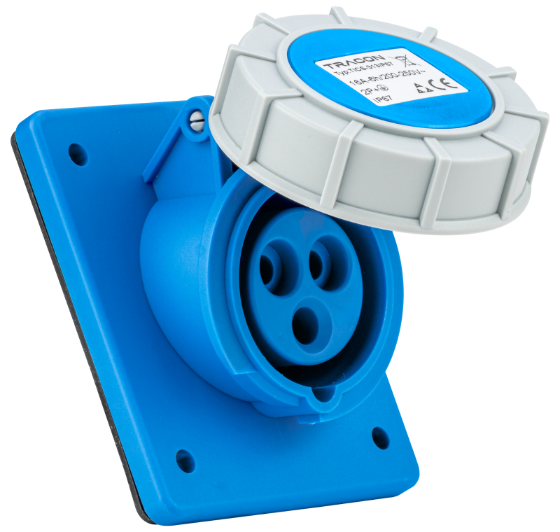Panel mount slanted industrial socket, 16A, 250V, 2P+E, 6h, IP67 ...